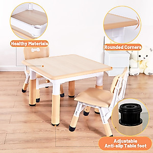 FUNLIO Adjustable Kids Table, 3 Level Height Adjustable Toddler Table for Ages 3-8, Easy to Wipe Arts & Crafts Child Table, for Classrooms/Daycares/Homes, CPC & CE Approved, 23.6 x 23.6inch - Natural