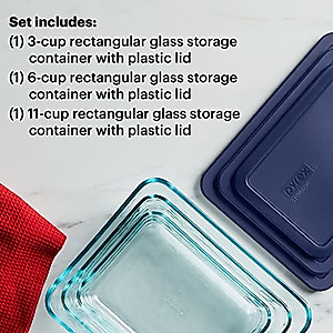 Pyrex Simply Store 6-Pc Glass Food Storage Container Set with Lids, 3-Cup, 6-Cup, & 11-Cup Rectangular Meal Prep Containers with Lid, BPA-Free Lid, Dishwasher, Microwave and Freezer Safe