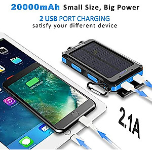 Solar Charger,20000mAh Portable Solar Power Bank,Waterproof External Backup Battery Power Pack Charger with 2 USB/LED Flashlights Compatible with iPhone,Tablet,Android,Suitable for Outdoor Camping