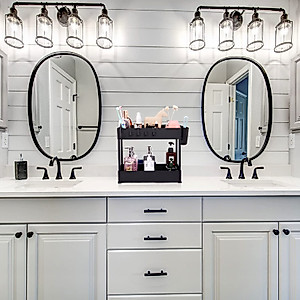 Spurtar 2 Pack Under Sink Organizers and Storage, 2 Tier Bathroom Under Cabinet Storage Multi-purpose Under Sink Storage Rack Bath Collection Baskets for Kitchen with 2 Cups and 12 Hooks, Black