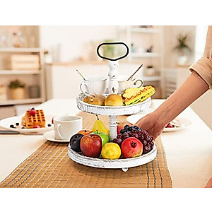 Farmhouse Wooden Decorative Two Tiered Trays+ Pu Leather Tray,Wood 2 Tier Serving Tray Stand for Rustic Table Centerpiece,Kitchen Decor,Coffee Bar, or Cupcake Stand (White)