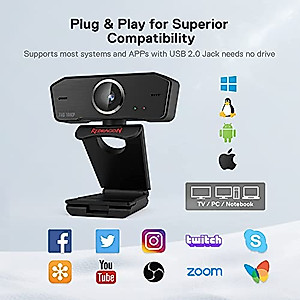 Redragon GW800 1080P PC Webcam with Built-in Dual Microphone, 360° Rotation - 2.0 USB Computer Web Camera - 30 FPS for Online Courses, Video Conferencing and Streaming