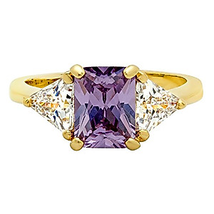 The Bling Factory Gold Plated Emerald-Cut Light Lavender CZ Three-Stone Ring, Size 8