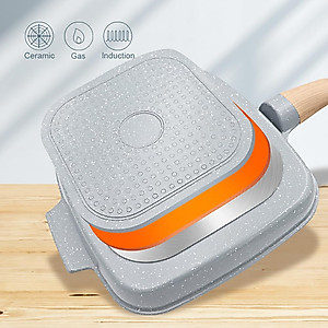 RANXINGST Nonstick Ceramic Griddle Pan with Lid, 10 Inch Steak Pan with Detachable Handle Induction Compatible, PFOA Free - Blue