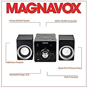 Magnavox MM442 3-Piece Top Loading CD Shelf System with Digital PLL FM Stereo Radio, Bluetooth Wireless Technology, and Remote Control in Black | Blue Lights | LED Display | AUX Port Compatible |