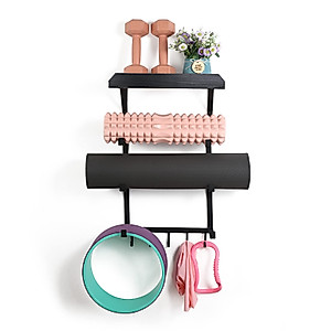 DOCMON Yoga Mat Holder Wall Mount,17" x 28" Yoga Mat Rack Home Gym Accessories, Storage for Foam Roller, with Wood Floating Shelves for Hanging Yoga Strap and Resistance Bands