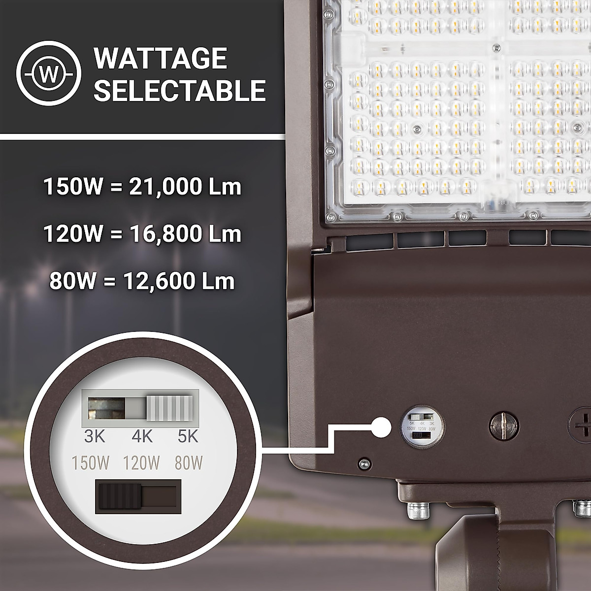 150W/120W/80W LED Parking Lot Light Fixture with Adjustable Direct Mount, 100-277VAC, 21,000lm, LED Flood Light Replaces Up to 500W Metal Halide/HPS, 3K/4K/5K CCT Selectable, DLC Premium, cUL Listed