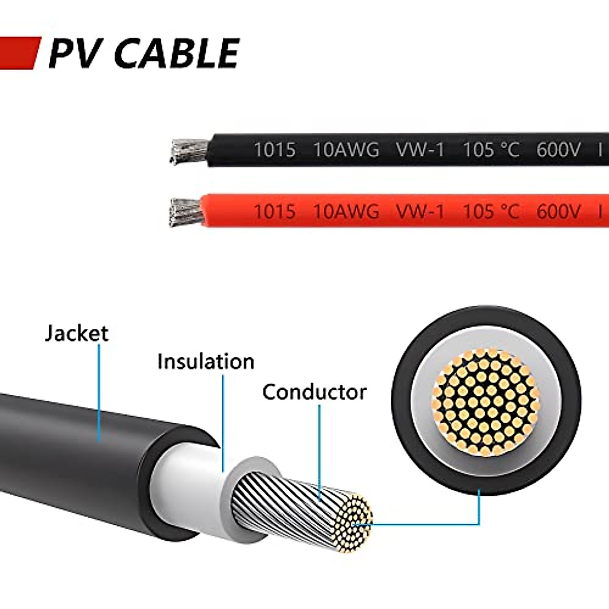 SinLoon 10AWG Solar Extension Cable,1 Pair 10 Gauge PV Solar Panel Bare Cord IP67 Waterproof Male to Female Solar Power Cable with 2 O Ring Terminal,for Solar Panel Wire (10AWG 3.3 FT)