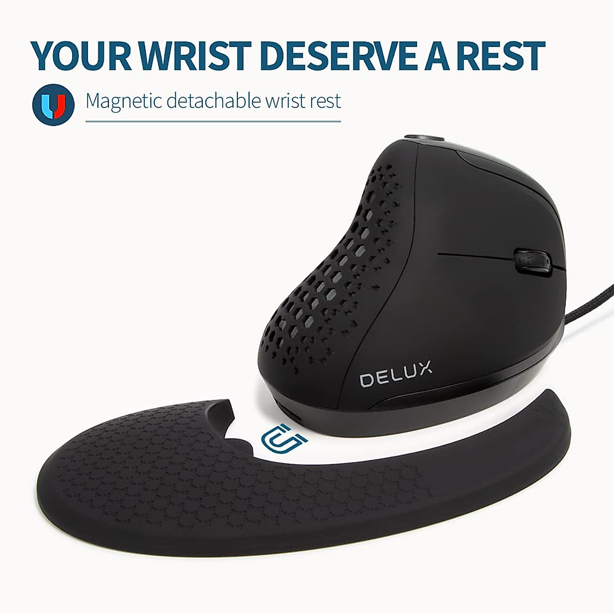 DeLUX Seeker Wired Ergonomic Vertical Mouse with Thumb Wheel, Optical Computer Mouse with 6 Programmable Buttons, 4000 DPI, LED Backlight, Removable Wrist Rest for Carpal Tunnel(M618XSU-Black)