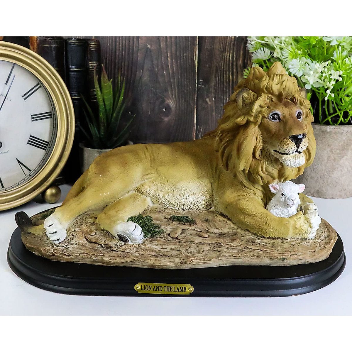 Ebros Gift Religious Christian Inspirational Lion and The Lamb Statue with Base and Brass Plate Title Home Decor Revelations 5 Sculptural Reproduction Jesus Christ Lion of Judah and Lamb of God