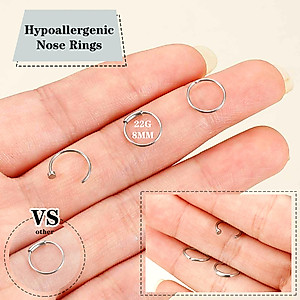FINREZIO 15PCS 22G 20G 18G Surgical Steel Nose Rings Hoop Studs Cartilage Earrings Body Piercing Jewelry 1.5mm 2mm 2.5mm CZ (A:22G,8MM Silver Nose Ring)