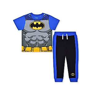 DC Comics Boys’ Batman and Superman T-Shirt and Jogger Set for Toddler and Little Kids – Blue/Navy or Grey/Blue/Black