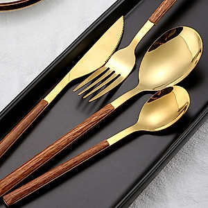 Aimilan 20 Piece Gold Silverware Set for 4, Imitation Wooden Handle Flatware Cutlery Set for Home Kitchen Restaurant, Mirror Finish, Dishwasher Safe (20-Piece for 4)