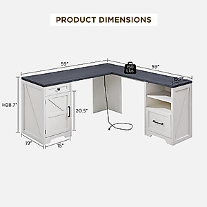 JXQTLINGMU L Shaped Desk, Corner Computer Desk with File Drawer & Charging Station, Home Office 59x59Inch Huge Workspace Study Writing Desk, Off White