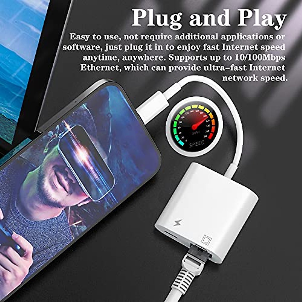 Lightning to Ethernet Adapter, [Apple MFi Certified] 2 in 1 RJ45 Ethernet LAN Network Adapter with Charge Port Compatible with iPhone/iPad/iPod, Plug and Play, Supports 100Mbps Ethernet Network
