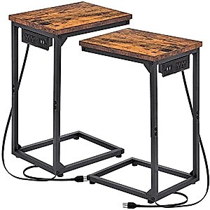 AMHANCIBLE C Shaped End Table with Charging Station, Side Table Set of 2, Sofa Table for Small Space, TV Trays, Metal Frame, USB Ports Power Outlets, Rustic Brown HET02CPBR