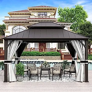 VONZOY 12' x 14' Hardtop Gazebo, Heavy Duty Double Roof Galvanized Steel Outdoor Metal Gazebo with Nettings & Curtains, Aluminum Gazebo with Vertical Stripes Roof for Patio, Backyard, Lawns [Grey]