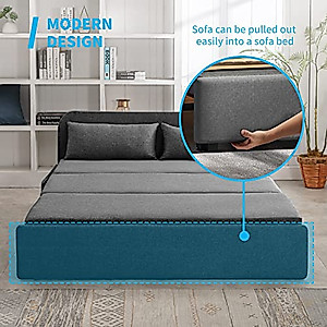 Mjkone Pull Out Sofa Bed, 2-in-1 Modern Pull Out Linen Sleeper Sofa Couch, Queen Size Revesible Couch Bed with Cushions&Throw Pillows for Small Place/Apartment/Living Room/Office/Studio (Dark Gray)