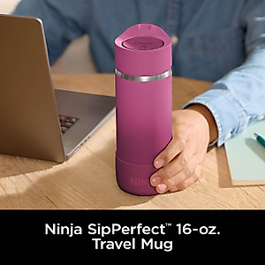 Ninja, Travel Mug, Sip Perfect 16oz, Brings Hot Drinks to Sippable Temperature in Minutes, Stainless Steel, Leak Proof, Dishwasher Safe, Metal, Insulated Tumbler, Fuchsia Pink, DW1603BP