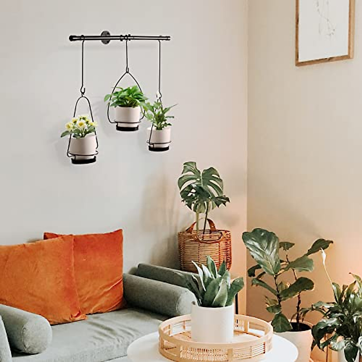 JOFAMY Hanging Planters for Christmas Plants with 3 White Plastic Planters, Wall Hanging Basket Metal Plant Hangers, Window Plant Hanger with Hook and String, Modern Outdoor Wall Planter