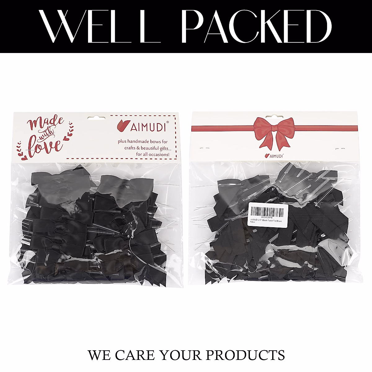 AIMUDI Black Bows for Gift Wrapping 2.5" Premade Black Twist Tie Bows for Crafts Pre-Tied Black Satin Ribbon Bows Small Gift Bows for Treat Bags Party Favors Wedding Decorations - 50 Counts