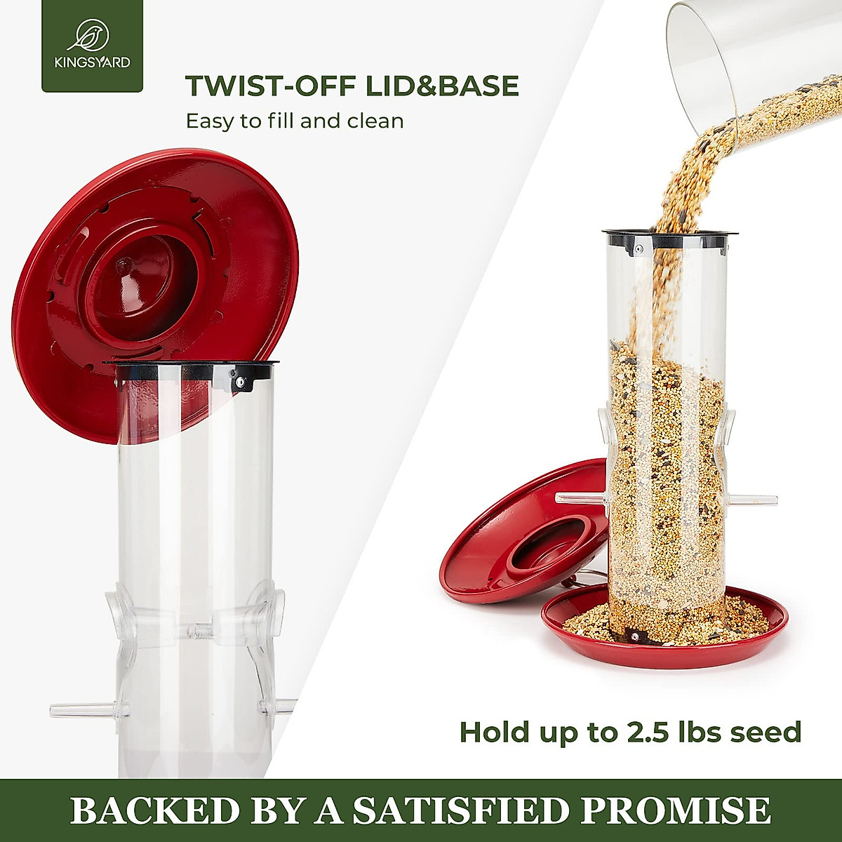 Kingsyard Tube Wild Bird Feeders for Outside Hanging, Finch Feeder with Metal Weatherproof Roof and Round Feeding Tray, 2.5 lbs Seed Capacity (Red)