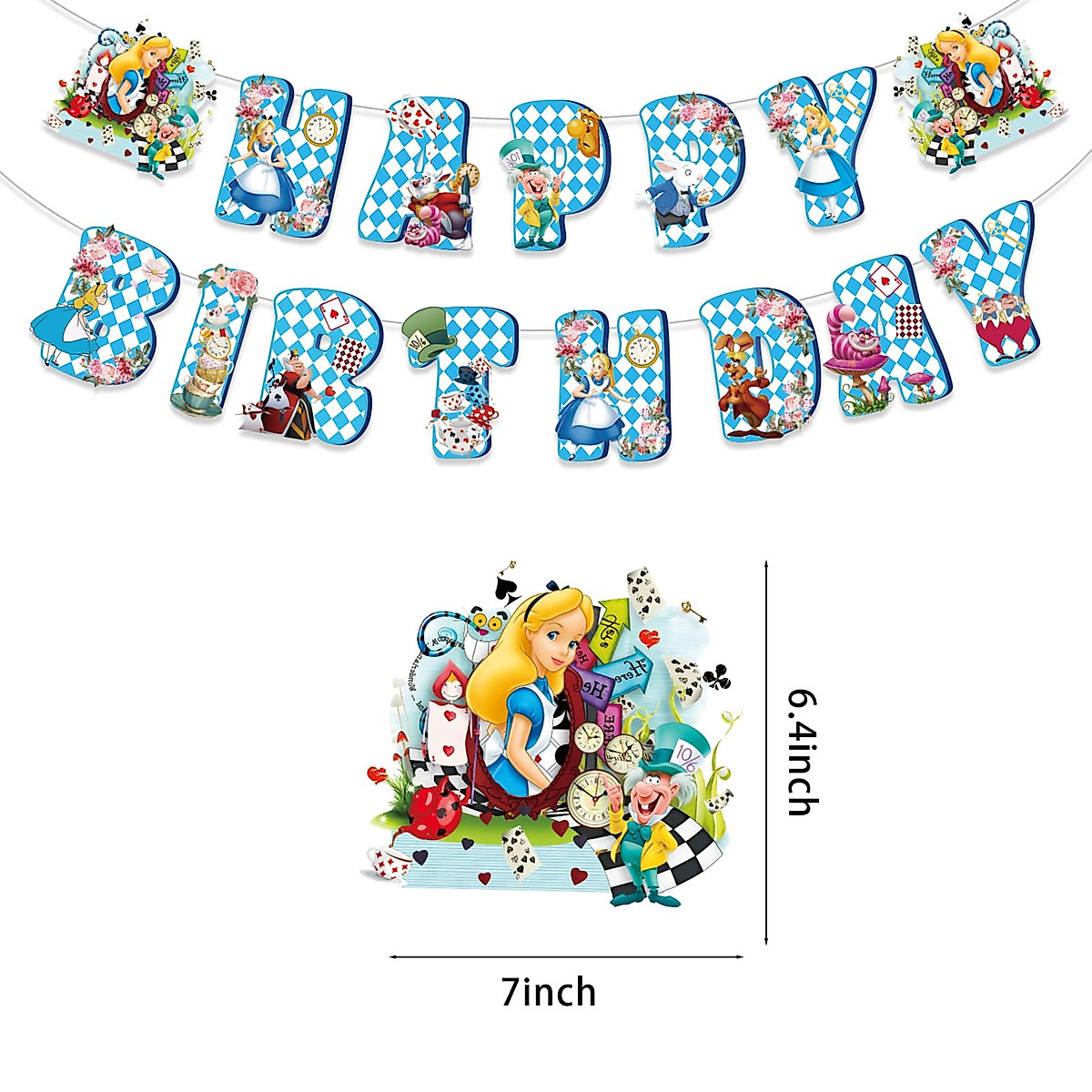 Alice in Wonderland Birthday Decorations Alice Happy Birthday Banner with Hand Hanging Swirls for Kids, Boys and Girls Alice in Wonderland Happy Birthday Decoration