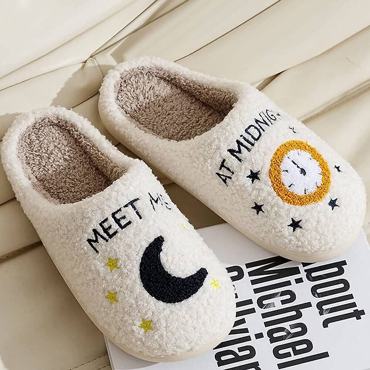 QQGB Meet Me at Midnight Slippers for Women Men Plush Fuzzy Cozy House Slippers Winter Warm Indoor Outdoor Shoes Meet Me-43-44