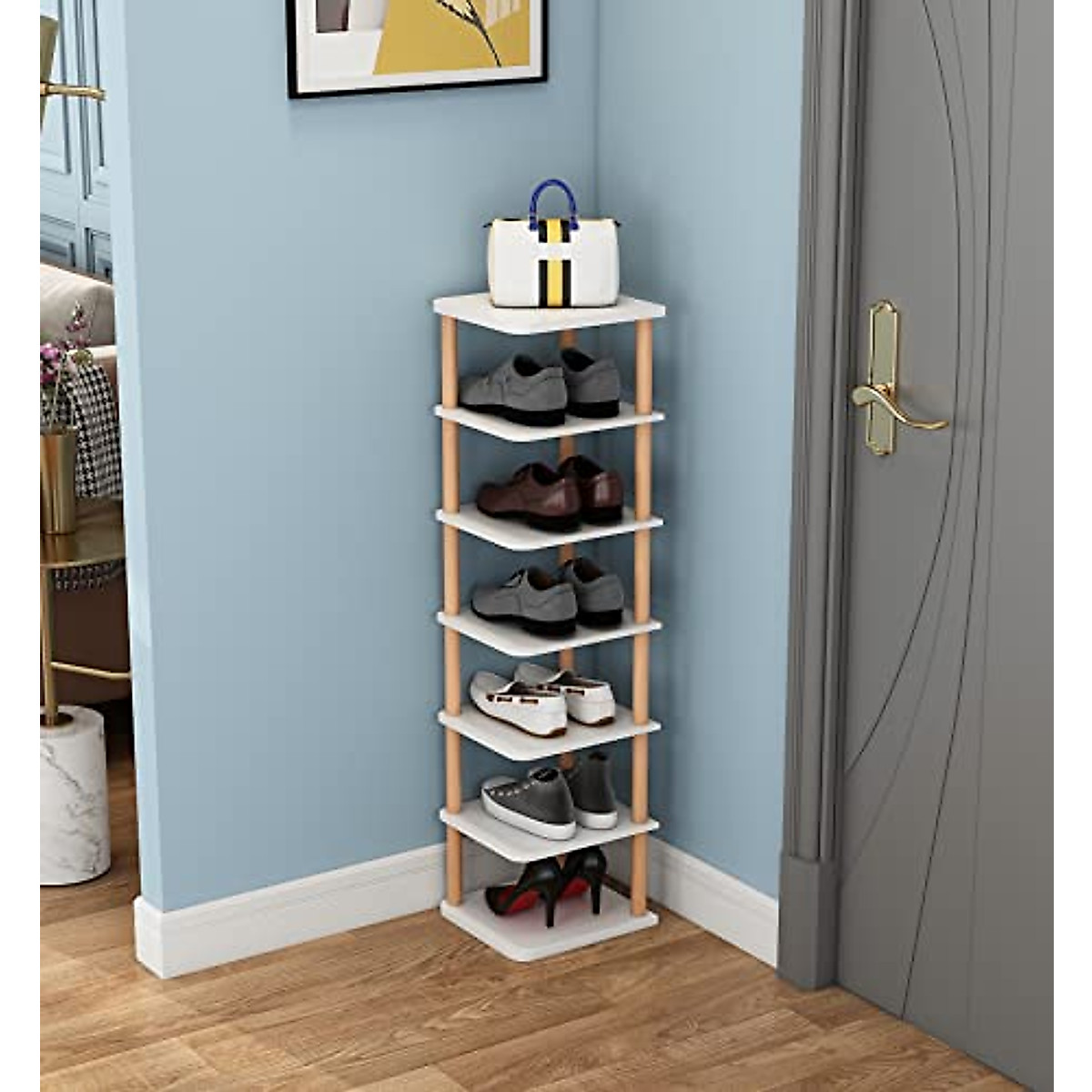 LUCKNOCK 7 Tiers Vertical Shoe Rack, Narrow Shoe Organizer, Stylish Wooden Shoe Storage Stand, Space Saving Shoe Shelf, Shoe Tower, Free Standing Shoe Racks for Entryway, No-Tool Assembly, White.