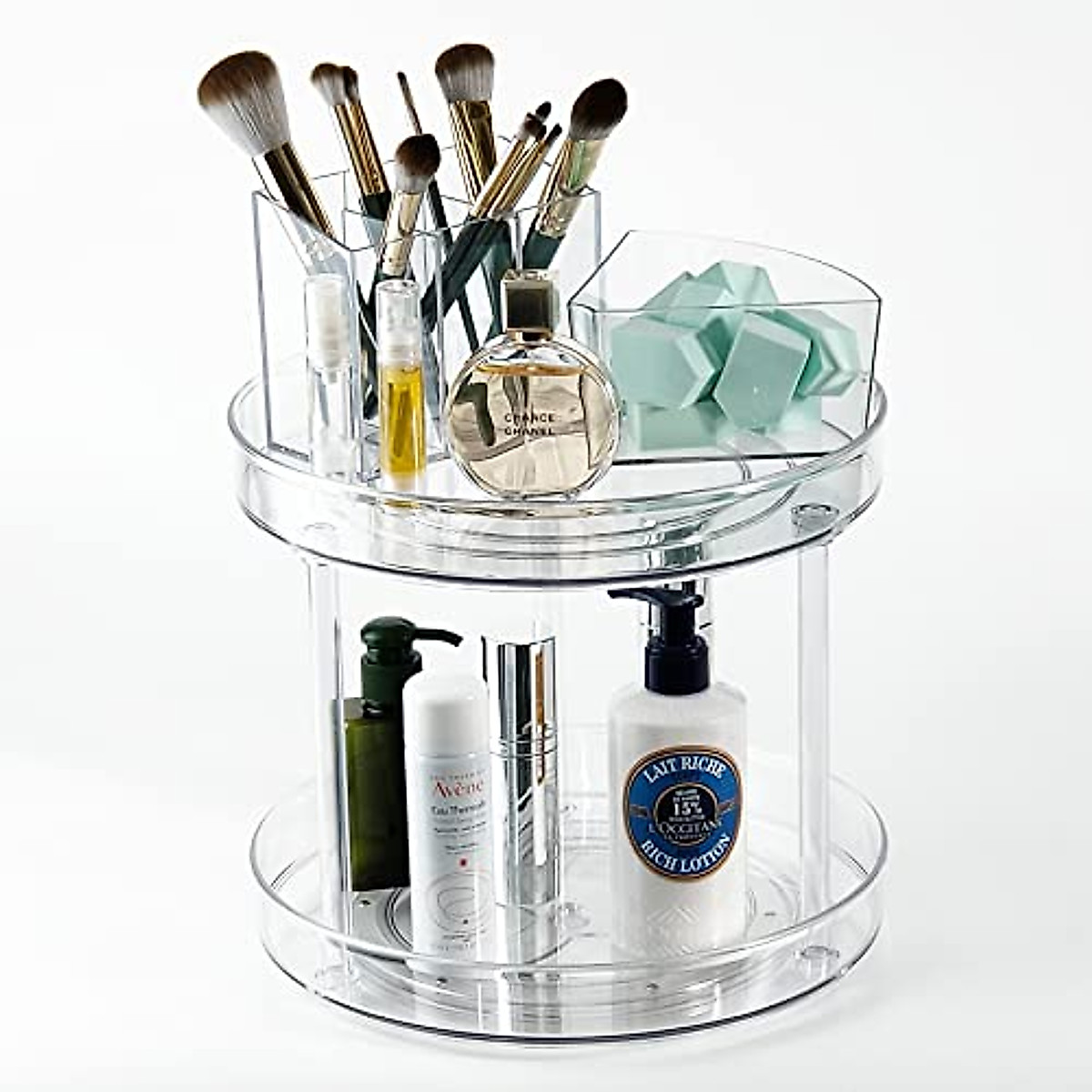 Lazy Susan Turntable 2-Tier Pantry Organization and Storage Spice Rack Spinning Cabinet Organizer Rotating Condiment Tray Spinner for Kitchen Vanity Bathroom Jewelry Makeup Cosmetic 9.2-Inch Clear