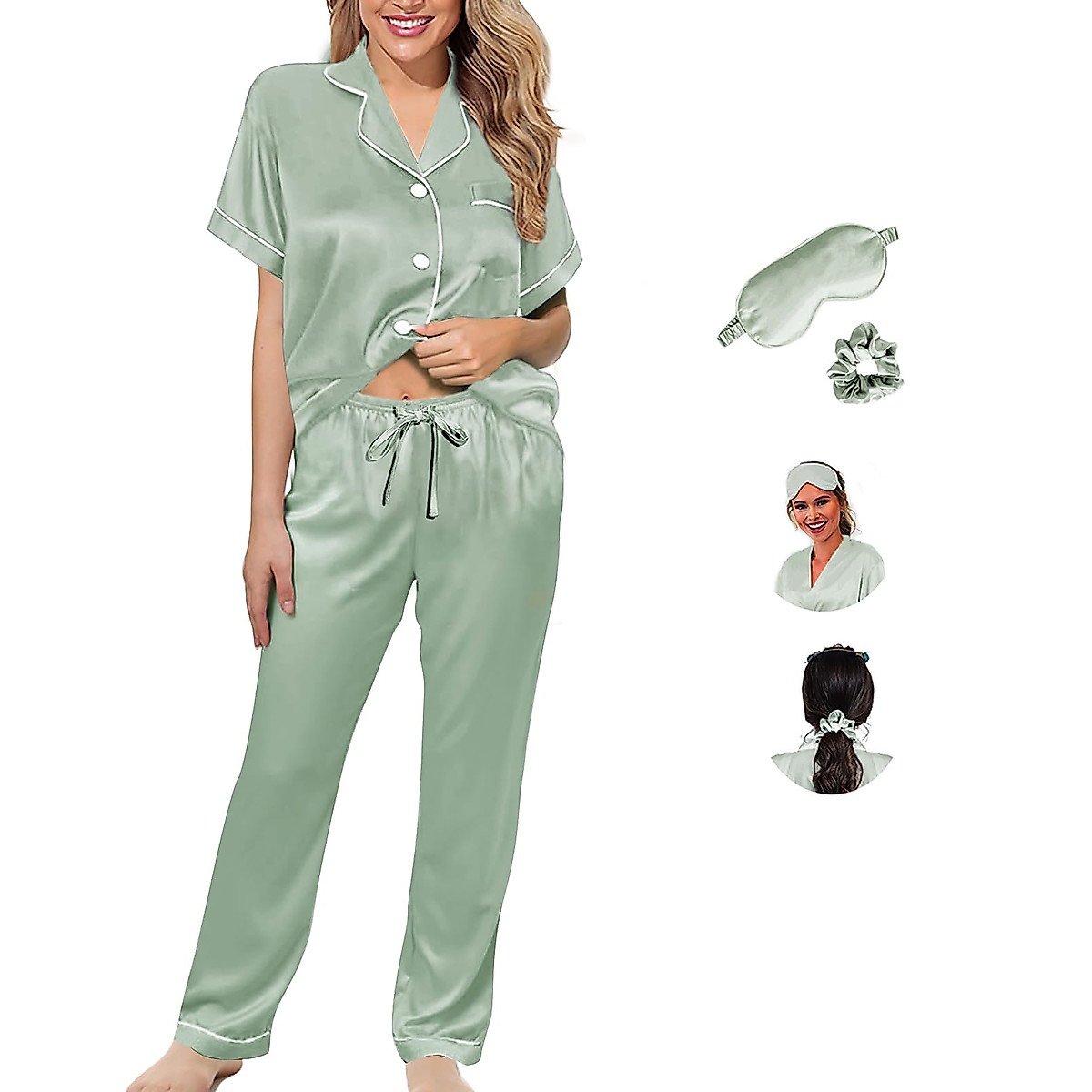 WJing Yi Jia Womens Pajamas Set XS-4XL Silk Satin Pajama Sets Short Pj Sets Button Down Pjs Set Loungewear Sleepwear