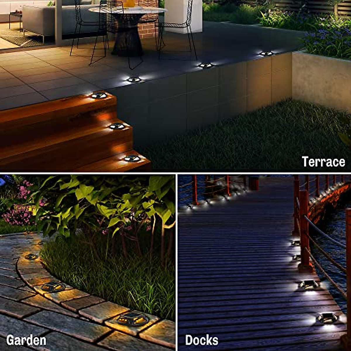 XURISEN 2-in-1 Solar Deck Lights, Dock Lights Solar Powered 4 Pack 12 LED Driveway Markers 1200mAh Outdoor IP68 Waterproof Light for Walkway Step Pathway Garden Yard