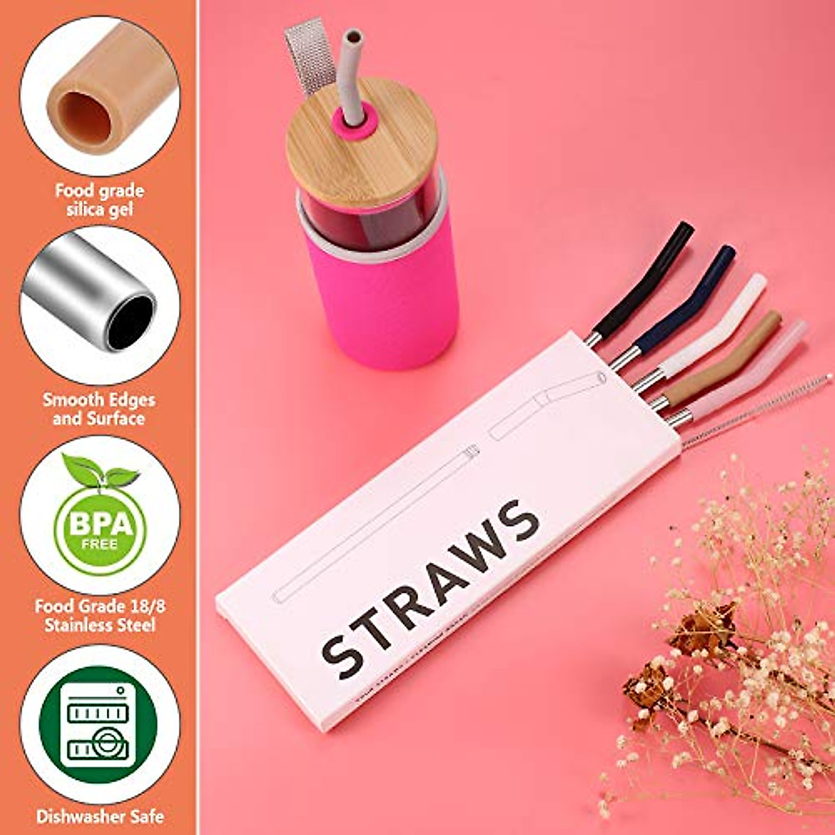 Tronco Set of 6 Stainless Steel Reusable Metal Straws with Silicone Flex Tips Elbows Cover, Metal Drinking Straws for Tronco Tumbler , 6 Steel Straws,6 Silicone Tips,1 Straw Cleaning Brush