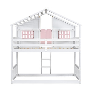 VilroCaz Twin Over Twin House Bunk Bed with Windows, Doors and Boxs, Wood House Roof Floor Bunk Bed Frame with Safety Guardrails and Ladder for Teens Kids Boys Girls (Pink/White 22)