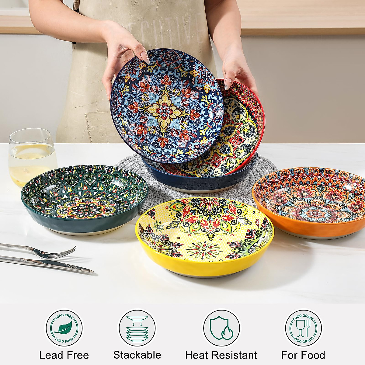 KitchenTour Pasta Bowls, 30 oz Large Ceramic Salad Bowls Set of 6, Colorful Porcelain Serving Bowl Set - 8.2 Inch Wide and Shallow Bowl for Kitchen - Dishwasher and Microwave Safe