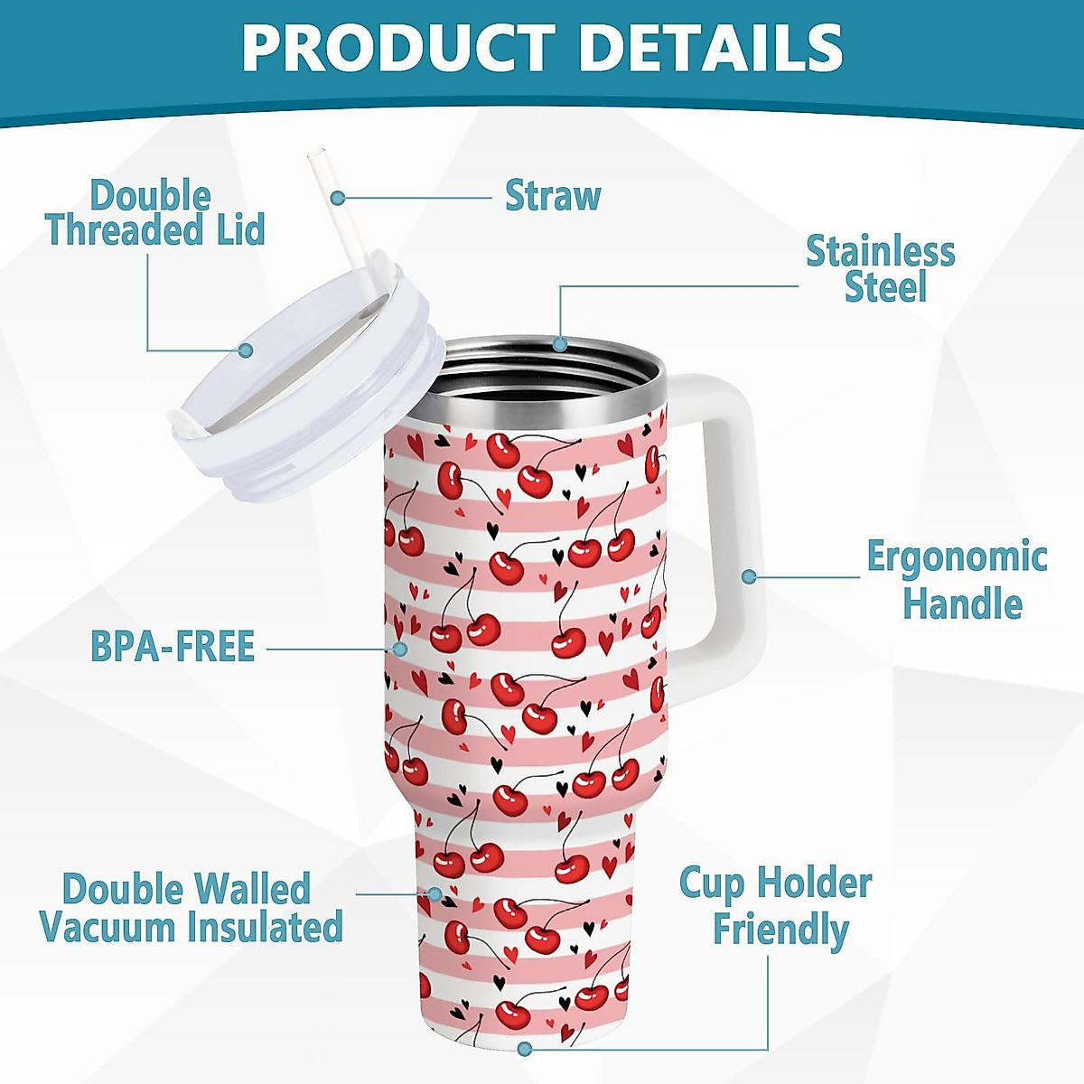 Tumbler with Handle and Straw Lid,Cute Cherry White Pink Striped 40 oz Insulated Coffee Cup Stainless Steel Fruit Water Bottle Travel Mug Cupholder Friendly,Gifts for Women Men
