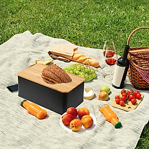 Phyllia Bread Box, Metal Bread Storage Container with Bamboo Lid Usable as Cutting Board, Breadbox Holder for Kitchen Countertop, 13 x 7 x 5.3 inch (Black)