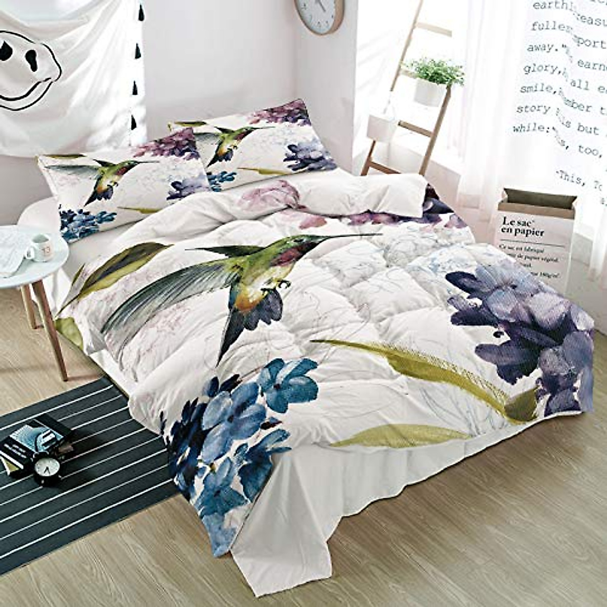 Duvet Cover Set 3 Pieces Queen Bedding Sets Hummingbird Hydrangea White Back Soft Luxury Comforter Cover with Pillowcases Microfiber Bedroom Quilt Covers-Zipper Closure Summer Bird Gradient Leaves