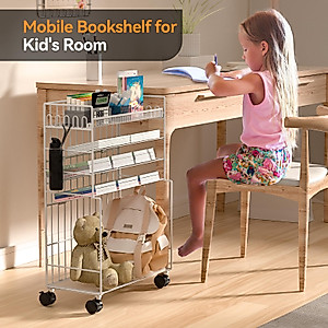 FIROK Rolling Bookcase with Wheels,Heavy Duty Mobile Bookshelf Storage Cart for Students, Metal Frame Book Shelf Organizer for Home,Office,Living Room - White