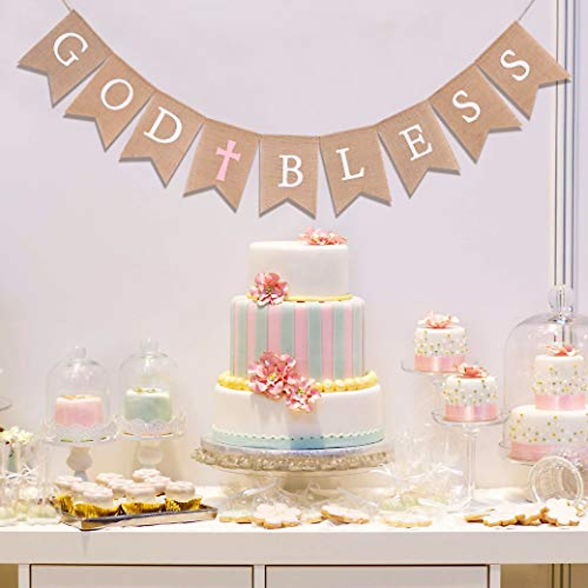 WAWOO God Bless Banner - First Communion Decoration, Baptism Decor,God Bless Decoration,Photo Props Crosses,1st Communion Party (Pink GOD Bless)