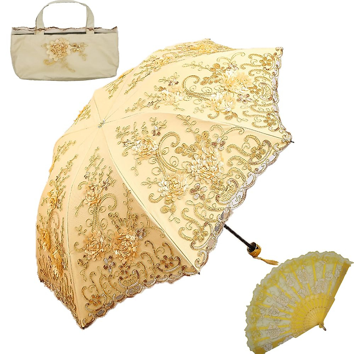 Aikelai Vintage Lace Umbrella, UPF50+ Sun Umbrella, 3D Flower Embroidery Compact Umbrella for Wedding Party and Photo Shooting (8331-yellow)