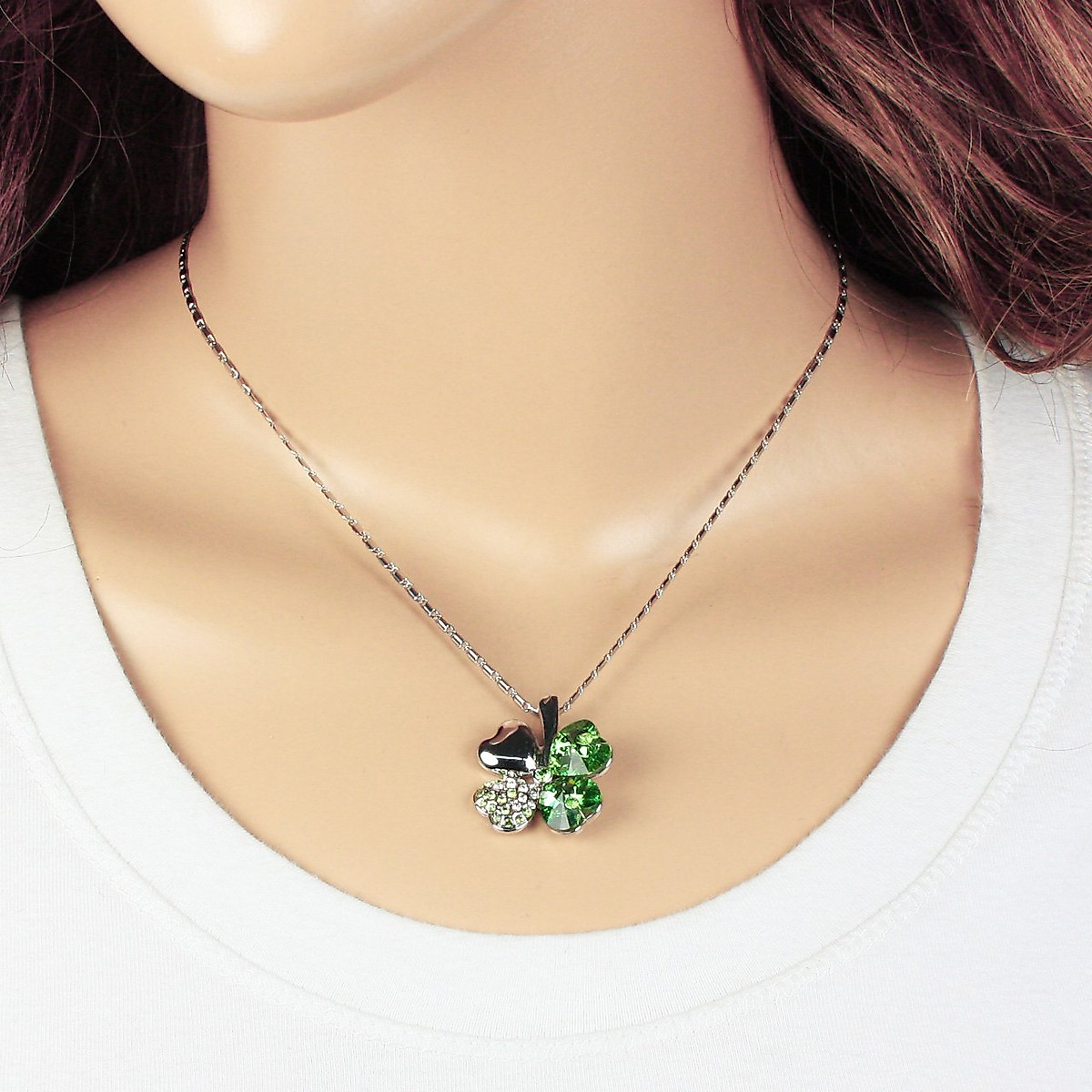 Dahlia Four Leaf Clover Necklace with Swarovski Crystals, Rhodium Plated, 16" w 2" Extender, Green