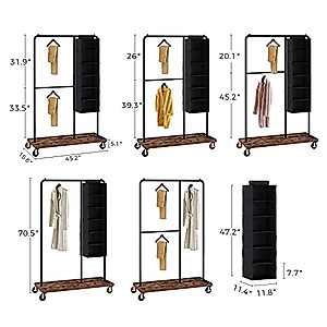Rolanstar Clothing Garment Rack with Hanging Closet Organizer, Adjustable Heavy Duty Clothes Rack, with Rolling Wheels and 2 Brakes, Great for Living Room, Bedroom