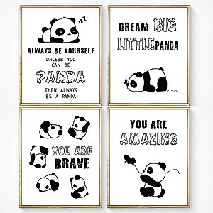 SUUURA-OO.Inspirational Panda Wall Art Prints, Unframed Adorable Panda Motivational Words Wall Art, Set of 4（8’’x10’’）Dream Big Little Panda Print for Nursery and Kids Room Decor (Black White)