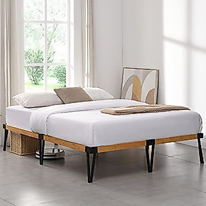 HW COMFORT 14 Inch Queen Solid Bamboo and Metal Platform Bed Frame/Bamboo Wood Slat Support/No Box Spring Needed/Easy Assembly, Natural & Black
