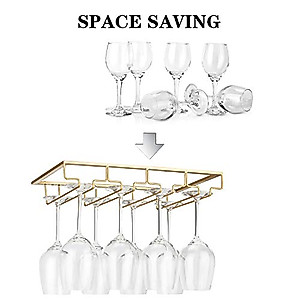 FOMANSH Wine Glass Rack Under Cabinet - Stemware Holder Metal Wine Glass Organizer Glasses Storage Hanger for Bar Kitchen Gold 4 Rows
