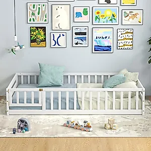 Giantex Twin Floor Bed with Door & Fence, Kids Wood Montessori Bed with Safety Guardrails, Floor Bed Frame for Kids, Boys, Girls, No Box Spring Needed, Floor Bed Twin (White)