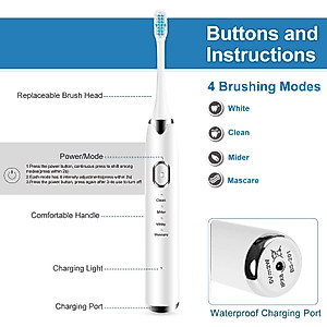 WOSUK Electric Sonic Toothbrush Powerful Sonic Cleaning Toothbrush with Timer 4 Modes Dentists Recommend Sonic Rechargeable Toothbrush for Adults, 2 Hr Charge Last 30 Days, 4 Brush Heads