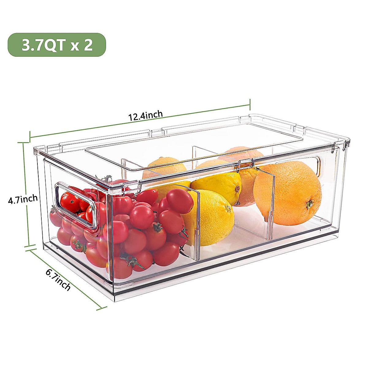 shopwithgreen Refrigerator Organizer Bins with Pull-out Drawer, Drawable Clear Fridge Drawer Organizer with Handle, Plastic Kitchen Pantry Storage Containers , 2 Pack, 3.7QT