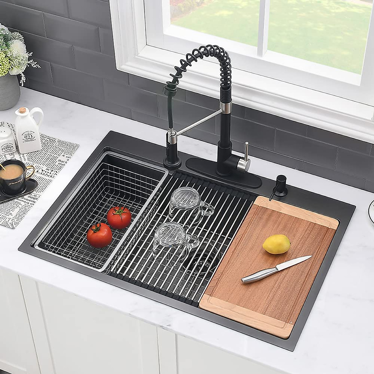 33 Black Drop In Kitchen Sink Workstation-VASOYO 33x22 Inch Drop n Topmount Kitchen Sink Gunmetal Black Stainless Steel Sink 16 Gauge 10 Inch Deep Single Bowl Kitchen Sink with Cutting Board&Colander